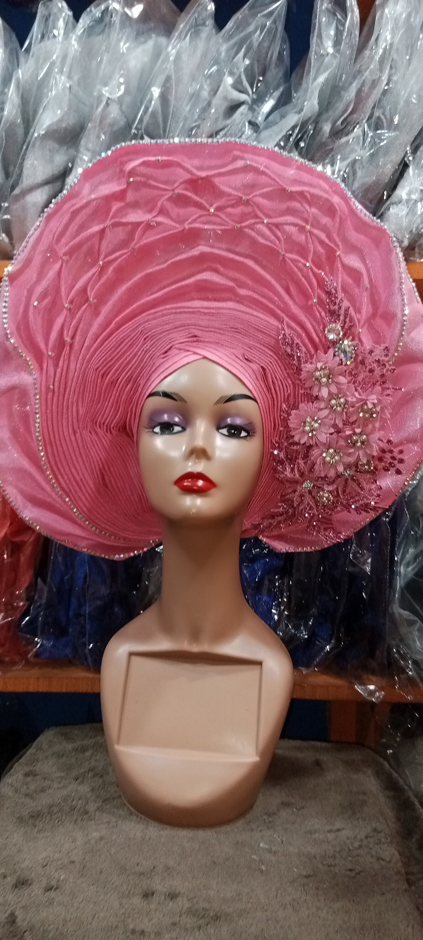 Asoebi Gele, Autogele, Asos, Readmade Gele Pre-tied Gele, Pink Auto ...