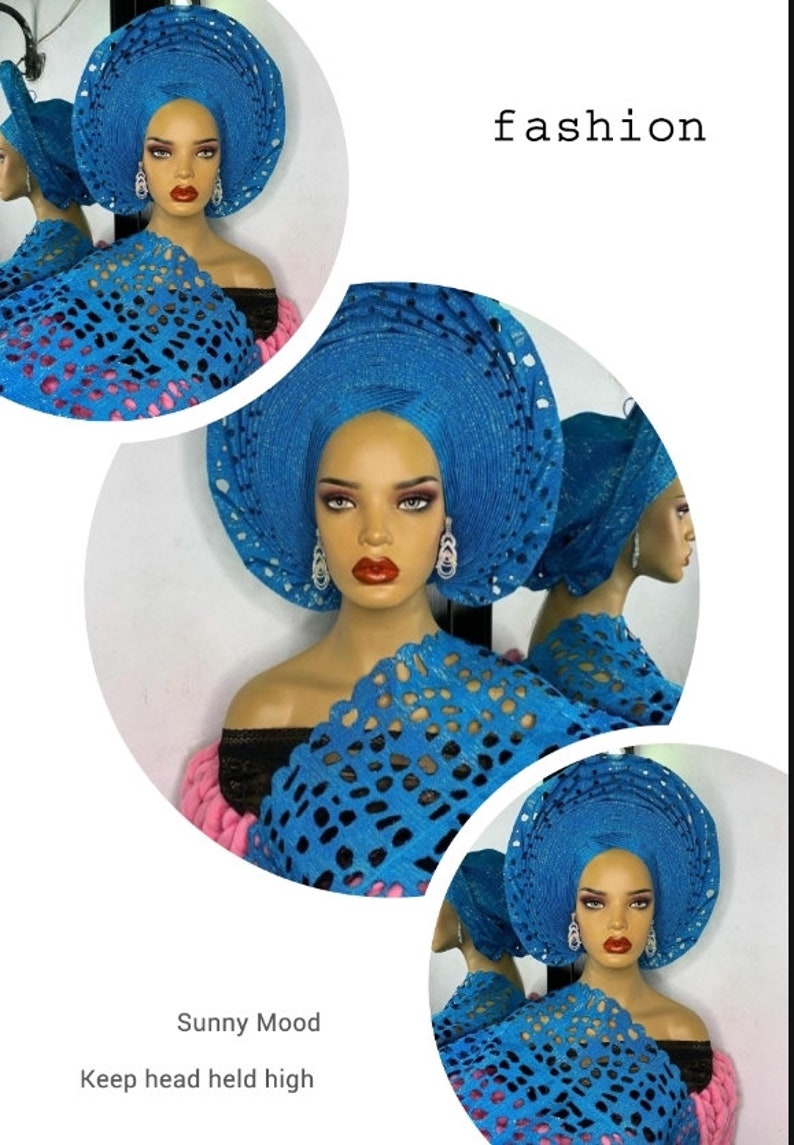 Asoebi Gele, Auto Gele Sample, Asos, Laser Cut, Pre-tied Gele, Blue ...