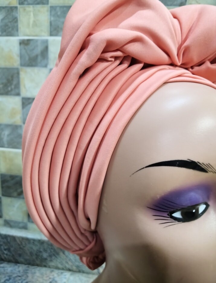 Turban Side Design Cap, Women Hat, Pre-tied Headwrap, Peach Turban ...