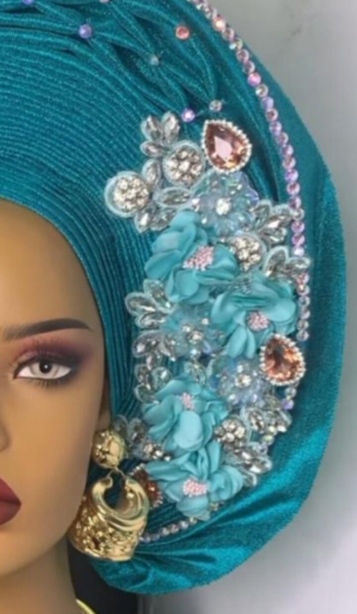 Asoebi Gele, Autogele, Asos, Readmade Gele Pre-tied Gele, Blue Auto ...
