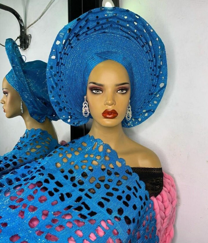 Asoebi Gele, Auto Gele Sample, Asos, Laser Cut, Pre-tied Gele, Blue ...