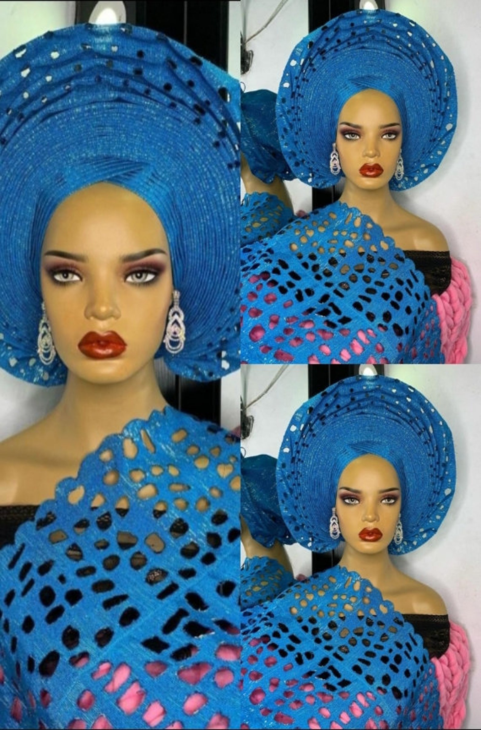 Asoebi Gele, Auto Gele Sample, Asos, Laser Cut, Pre-tied Gele, Blue ...