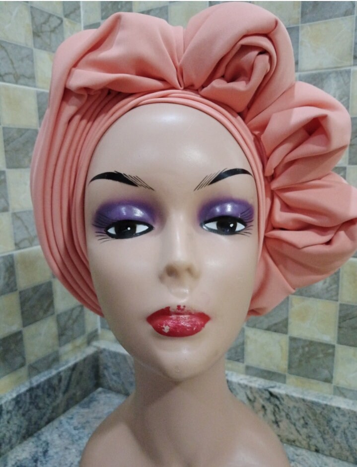 Turban Side Design Cap, Women Hat, Pre-tied Headwrap, Peach Turban ...