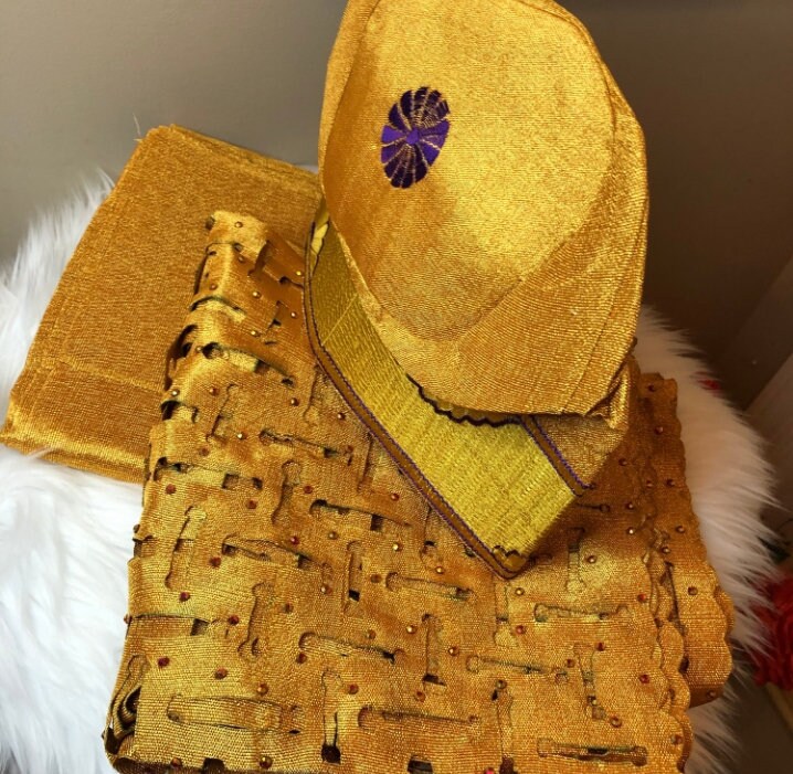 Yellow Gold Aso Oke, Auto Gele, Laser Cut Autogrle, Ipele and Fila ...
