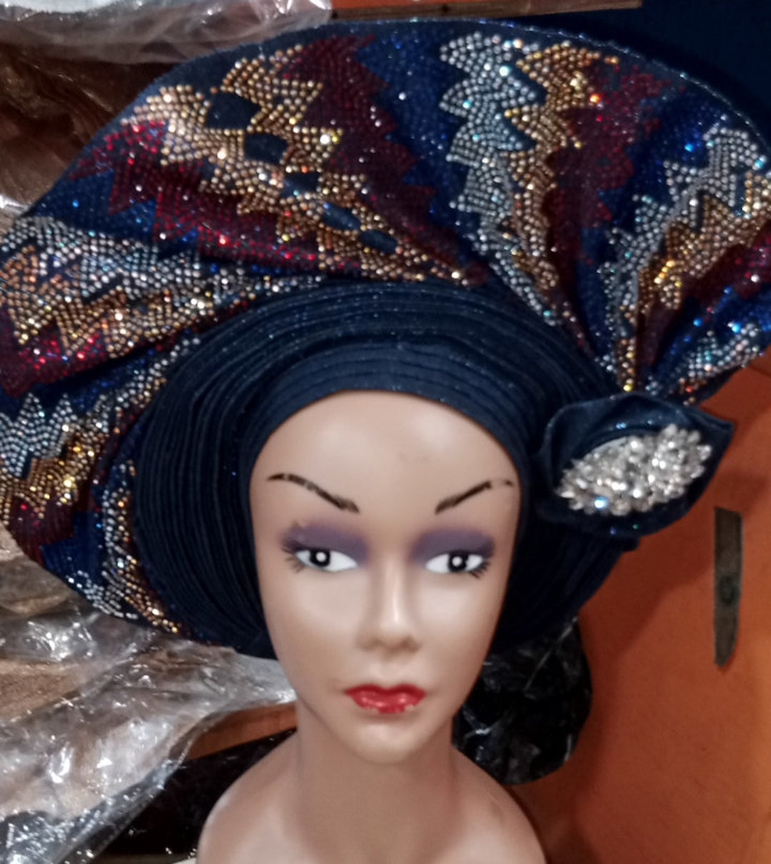 Auto Gele, Pre-tied Gele, Blue Headwrap, Blue Auto Gele, African Fabric ...