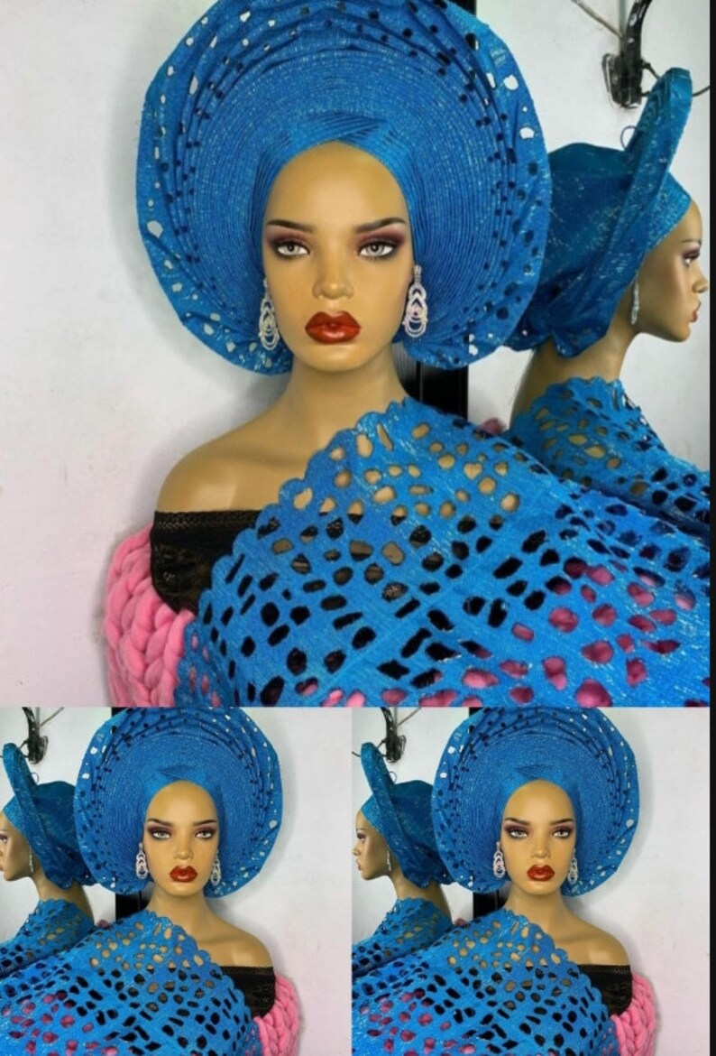 Asoebi Gele, Auto Gele Sample, Asos, Laser Cut, Pre-tied Gele, Blue ...