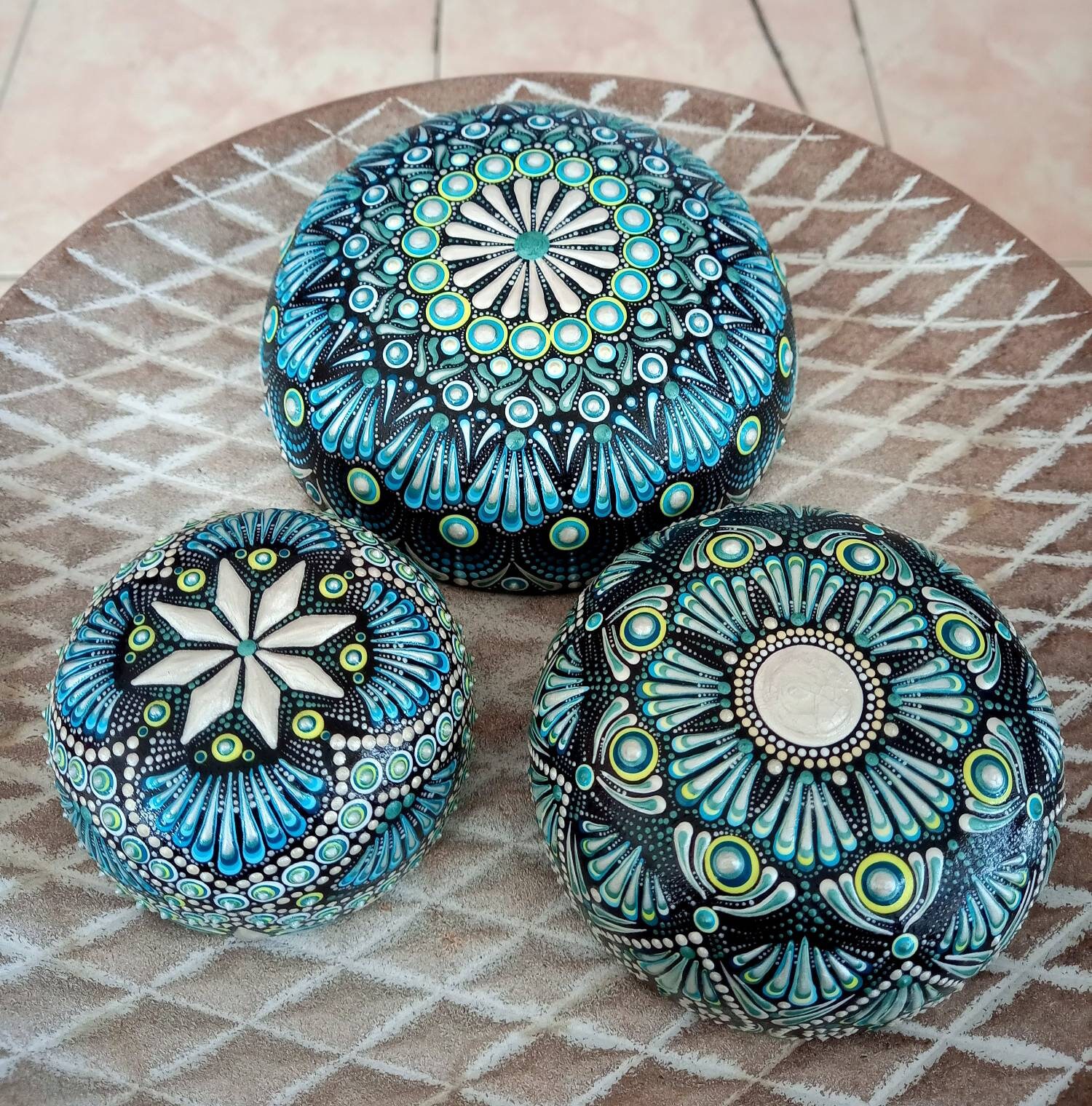 Set of 3, Mandala Stones, Hand Painted Mandala, Dot Mandala, Painted ...