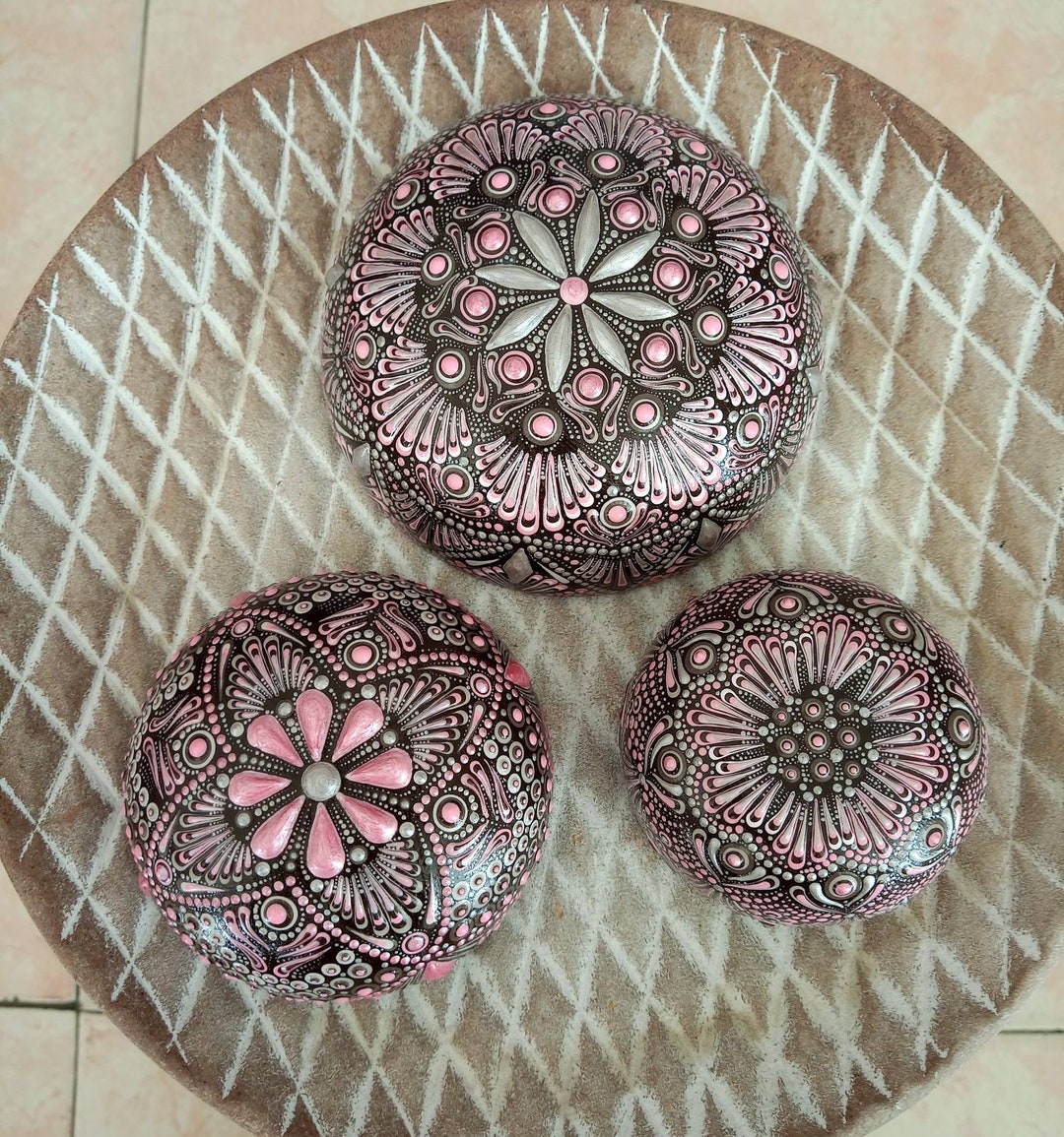 Set of 3, Hand Painted Mandala, Mandala Stones, Mandala Dot Art ...