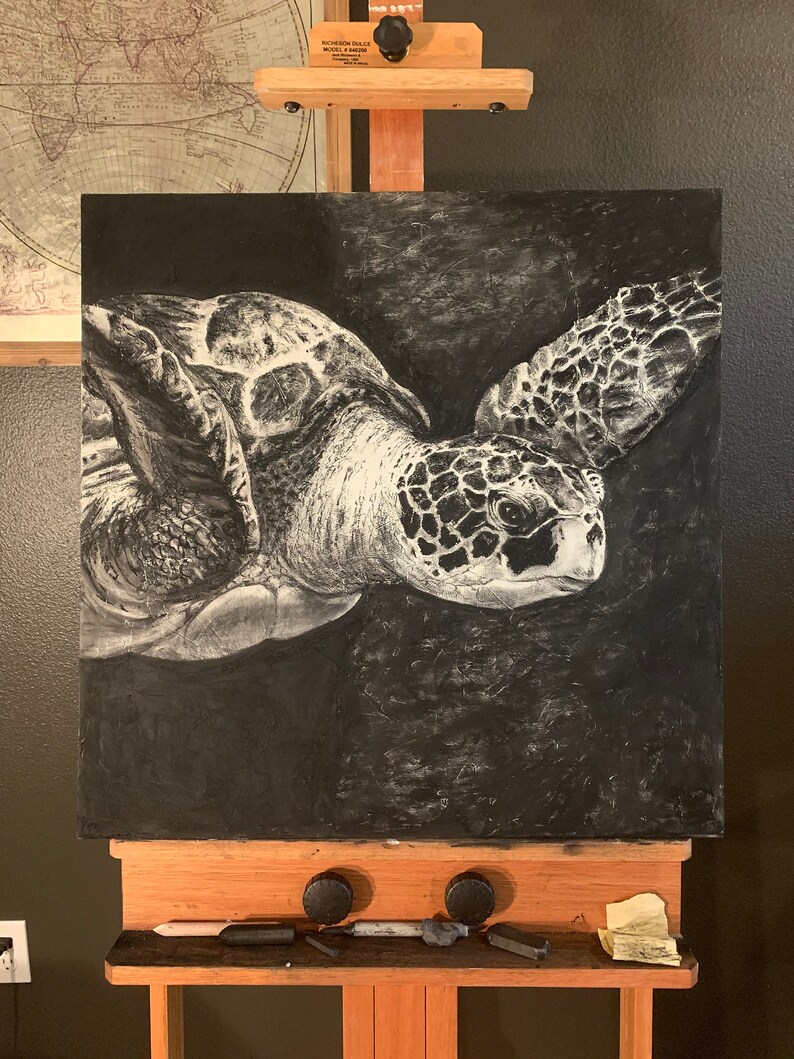 Sea Turtle Love - Original Artwork - Charcoal Drawing on Board - Framed ...