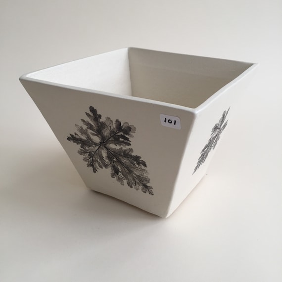 White Cachepot With Black Imprinted Leaf | Etsy