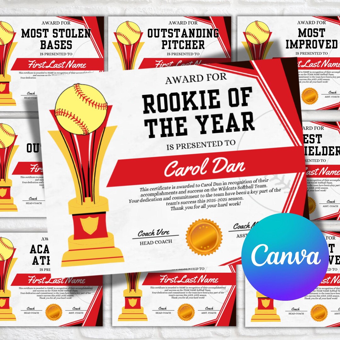Editable Softball Award Certificates: Team Banquet Template (canva) - Etsy