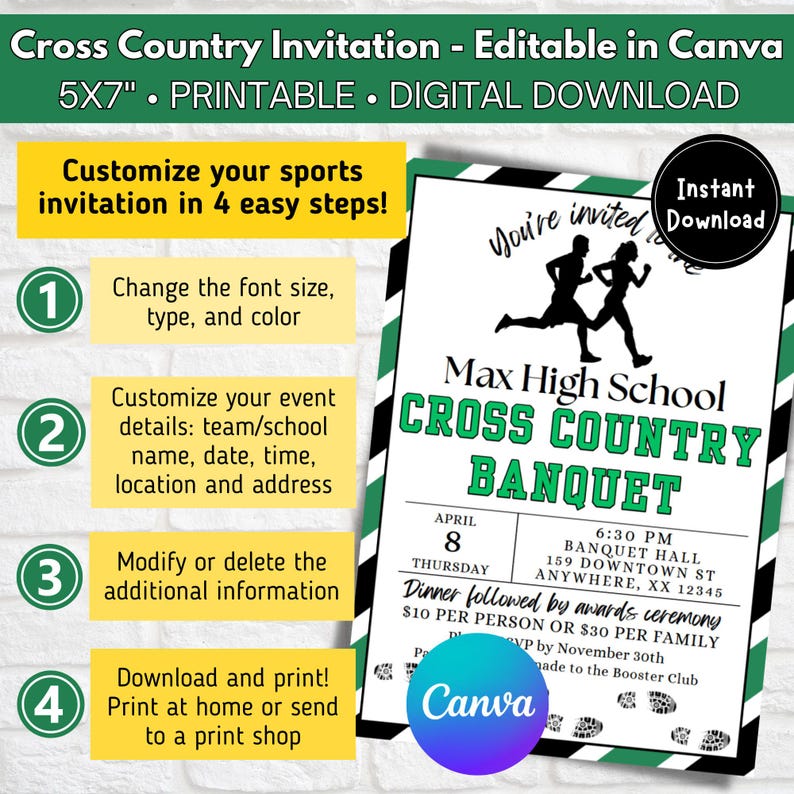 Printable Cross Country Team Banquet Invitation, Team Party, End of ...