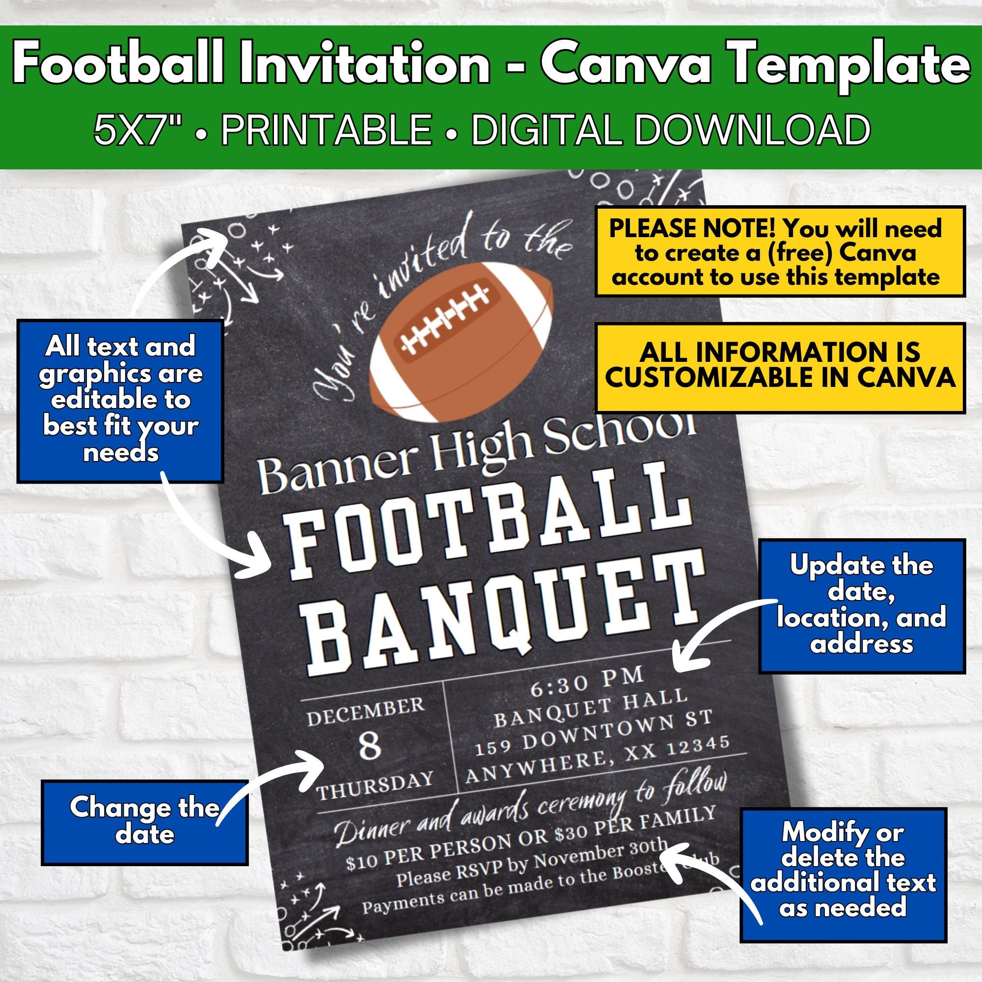 Printable Football Team Banquet Invitation, Team Party, End of Season ...