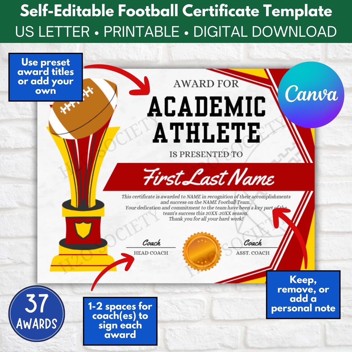 Editable Football Award Certificates, Canva Template, Certificate ...