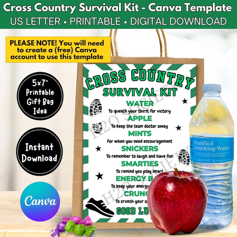 Editable Cross Country Survival Kit Gift Tag, Gift Bag Printable, Cross ...