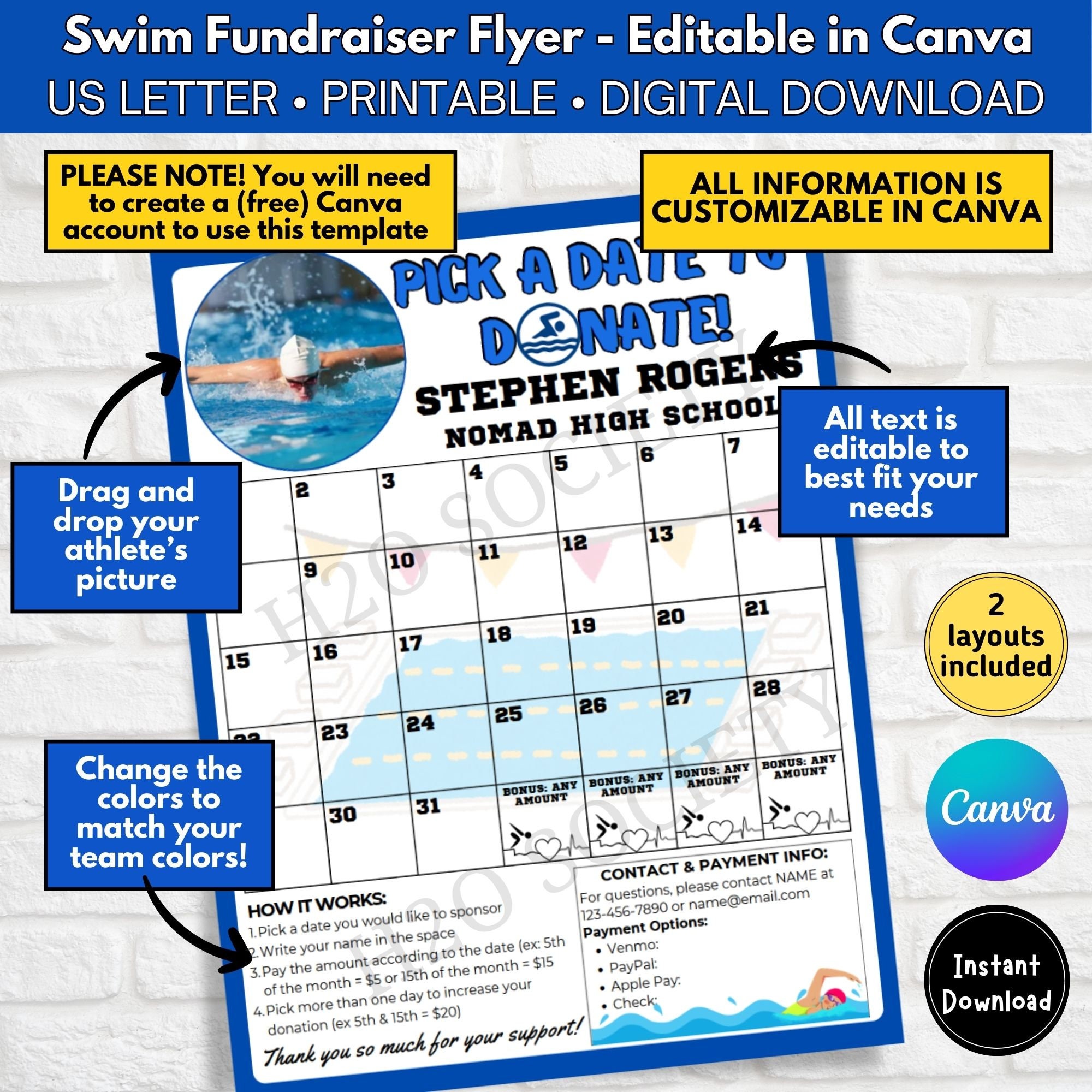 Editable Swim Calendar Fundraiser Template, Pick a Date to Donate ...