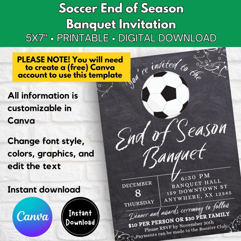 Editable Soccer Banquet Invitation Template, Team Party, End of Season ...