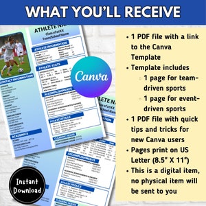 Athlete Profile Sheet, College Recruiting, Editable Canva Template, All Sports, Sports Resume ...