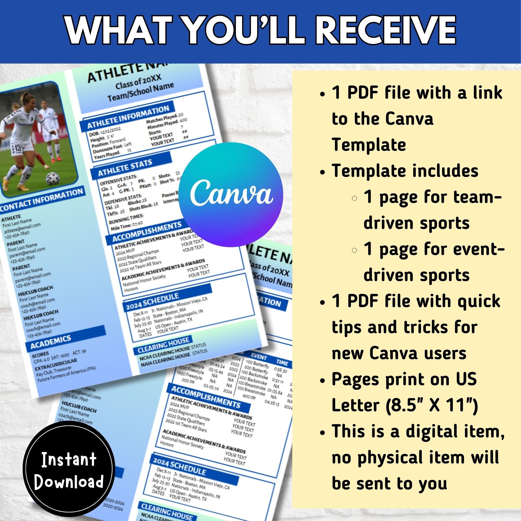 Athlete Profile Sheet, College Recruiting, Editable Canva Template, All ...