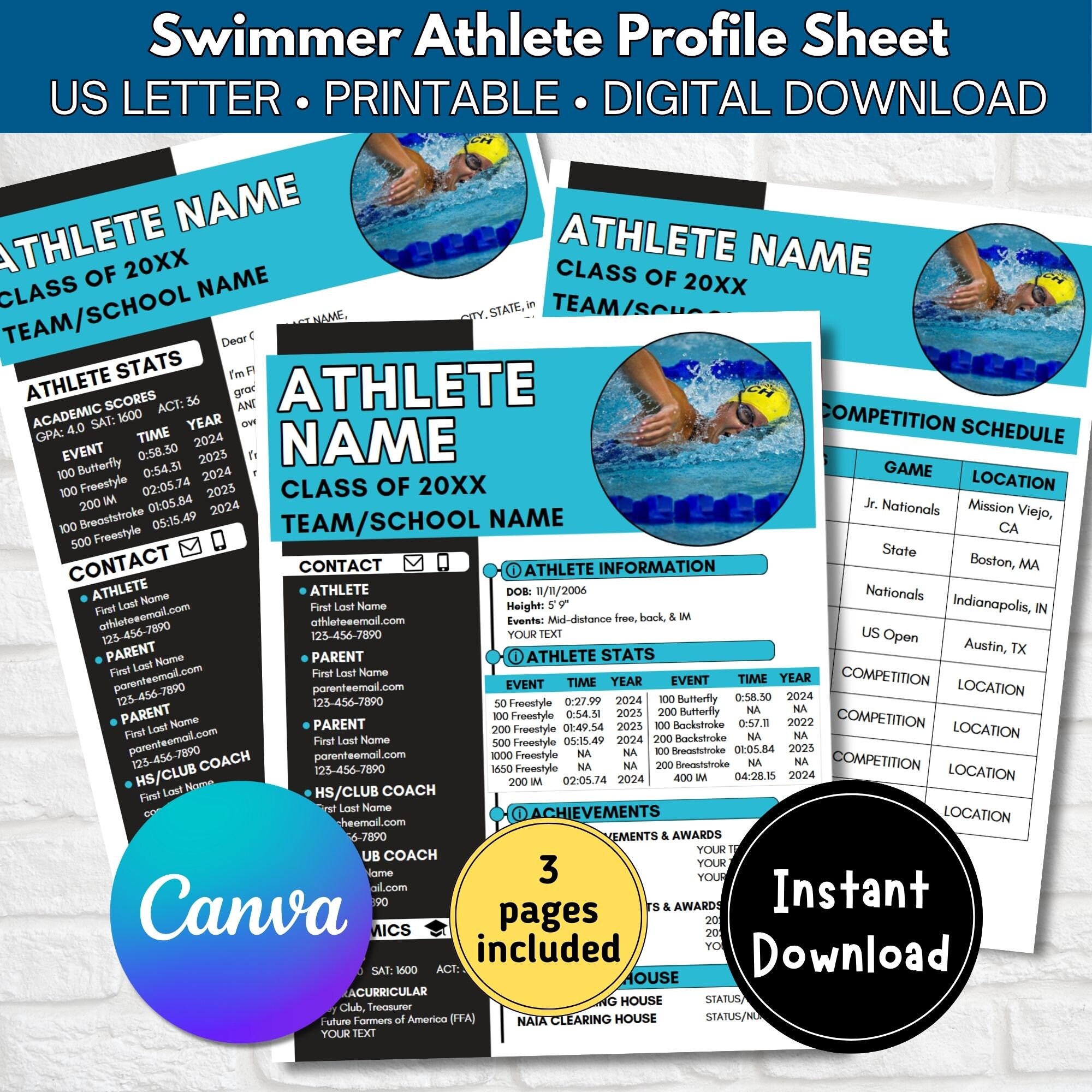 Swimmer Athlete Profile Sheet, College Recruiting, Editable Canva ...