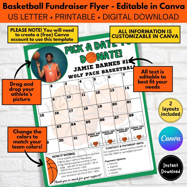 Editable Basketball Calendar Fundraiser Template, Pick a Date to Donate ...
