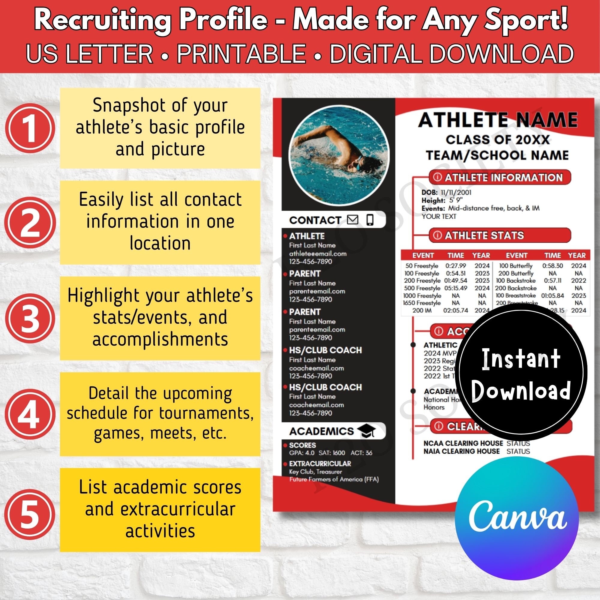 Athlete Profile Sheet, College Recruiting, Editable Canva Template, All ...