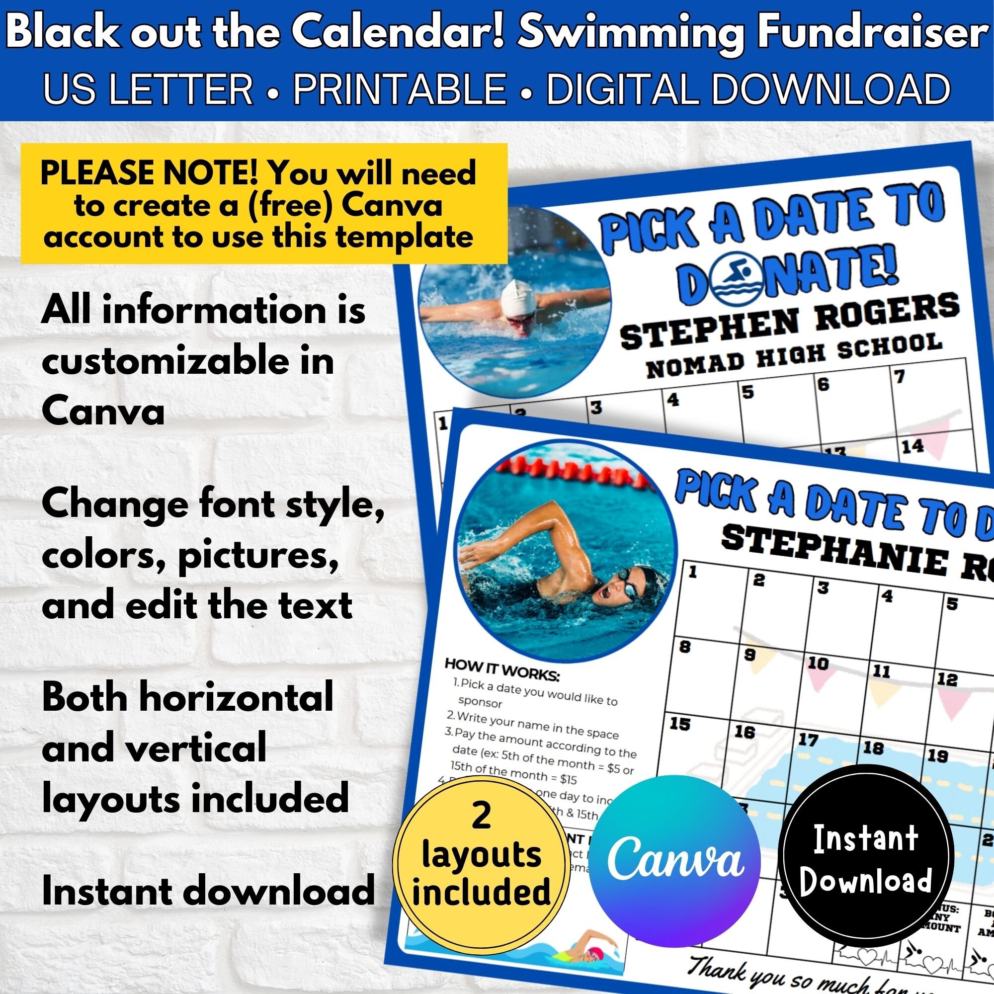Editable Swim Calendar Fundraiser Template, Pick a Date to Donate ...