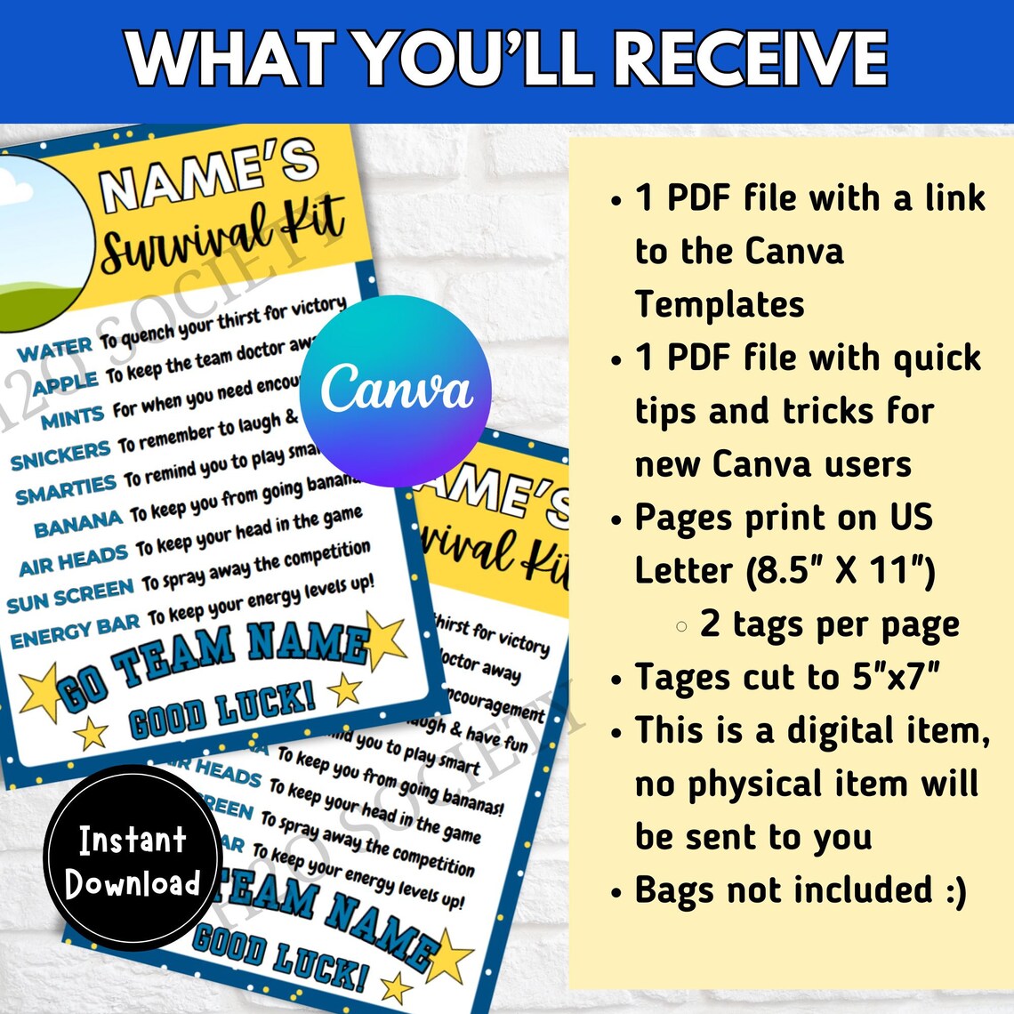 Editable Team Survival Kit Gift Tag, All Sports, Gift Bag Printable ...