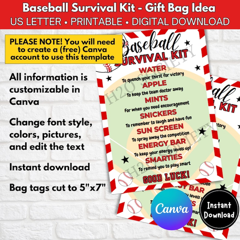 Editable Baseball Survival Kit Gift Tag, Gift Bag Printable, Baseball ...
