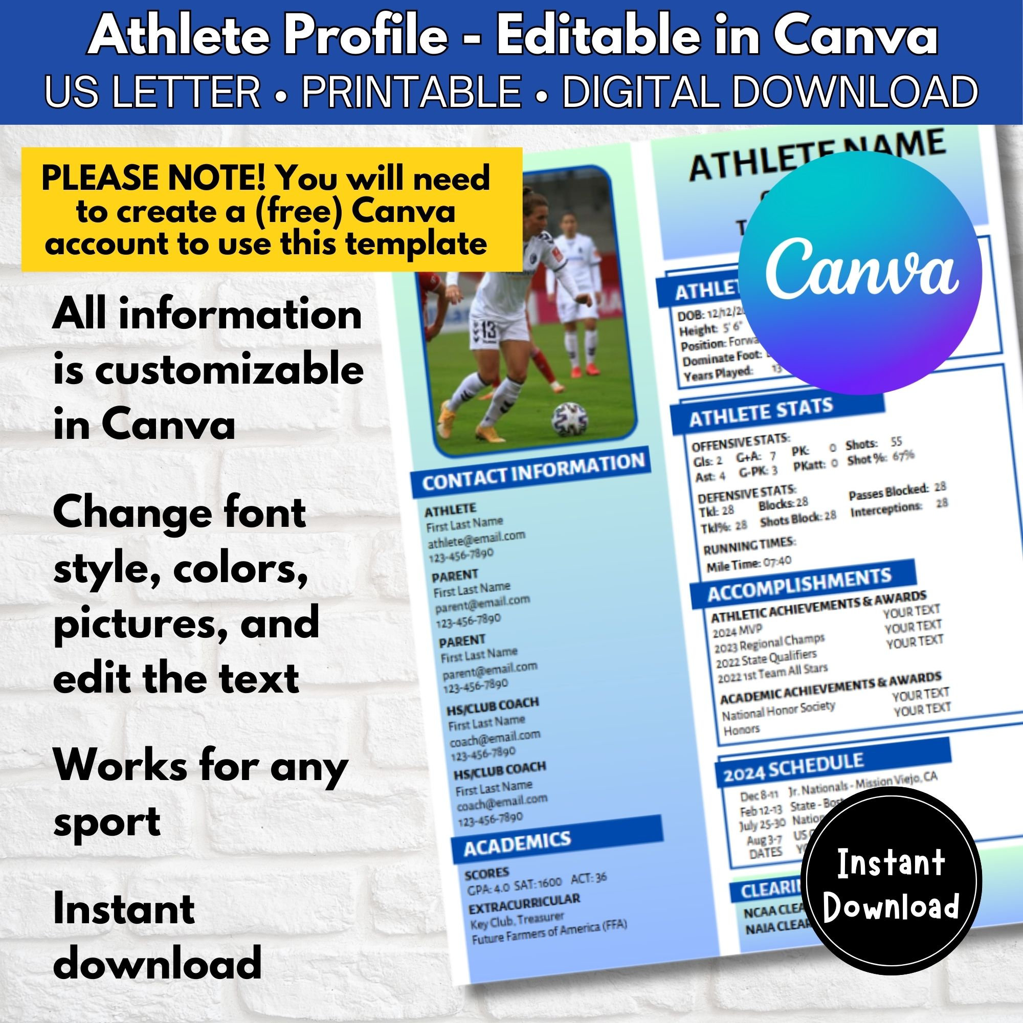 Athlete Profile Sheet, College Recruiting, Editable Canva Template, All Sports, Sports Resume ...