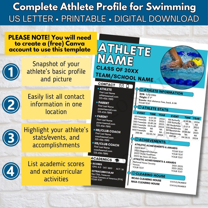 Swimmer Athlete Profile Sheet, College Recruiting, Editable Canva ...
