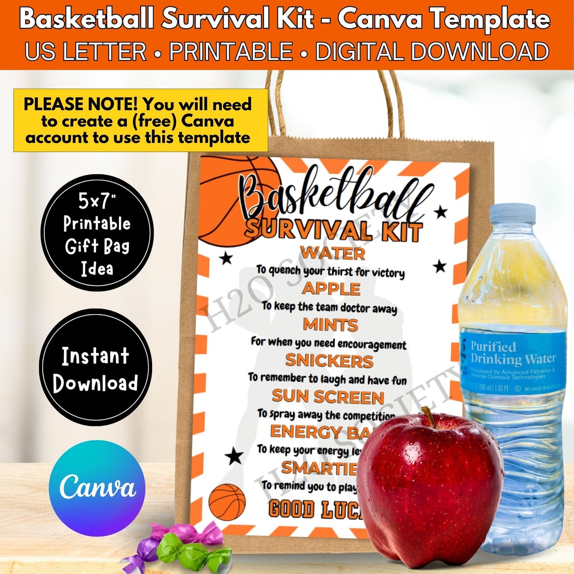 Editable Basketball Survival Kit Gift Tag, Gift Bag Printable ...