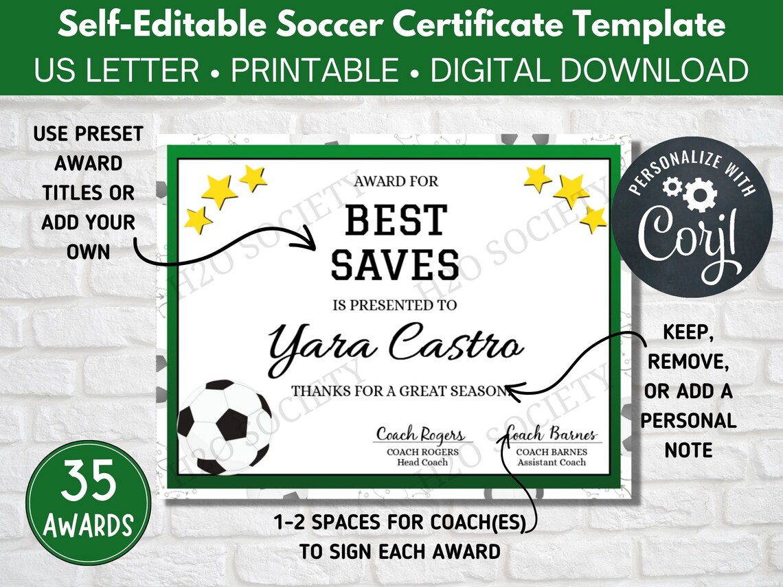 Editable Soccer Award Certificates, Award Ceremony Certificates, End of ...