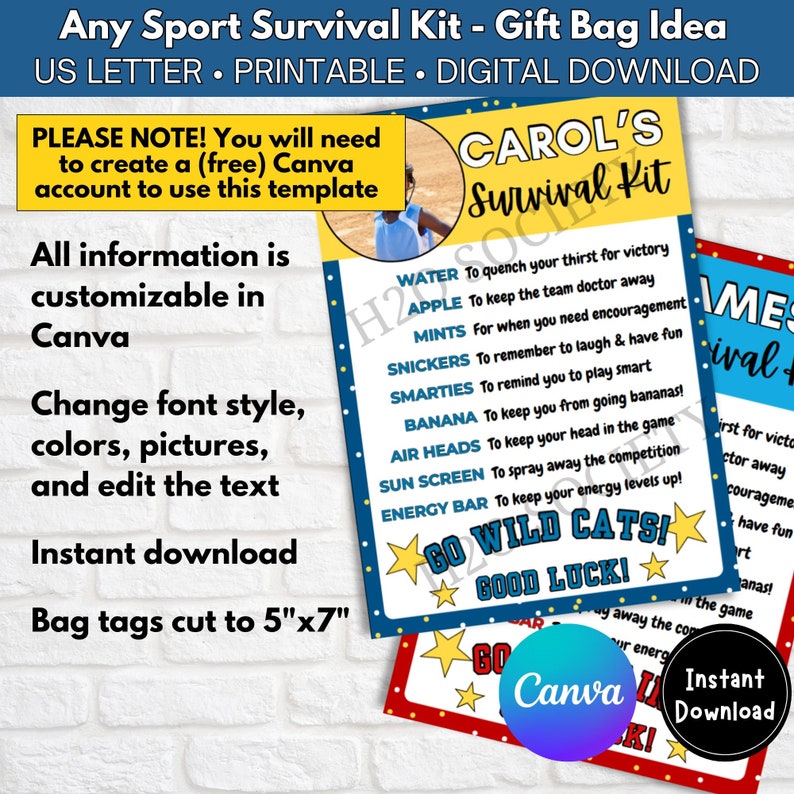 Editable Team Survival Kit Gift Tag, All Sports, Gift Bag Printable ...