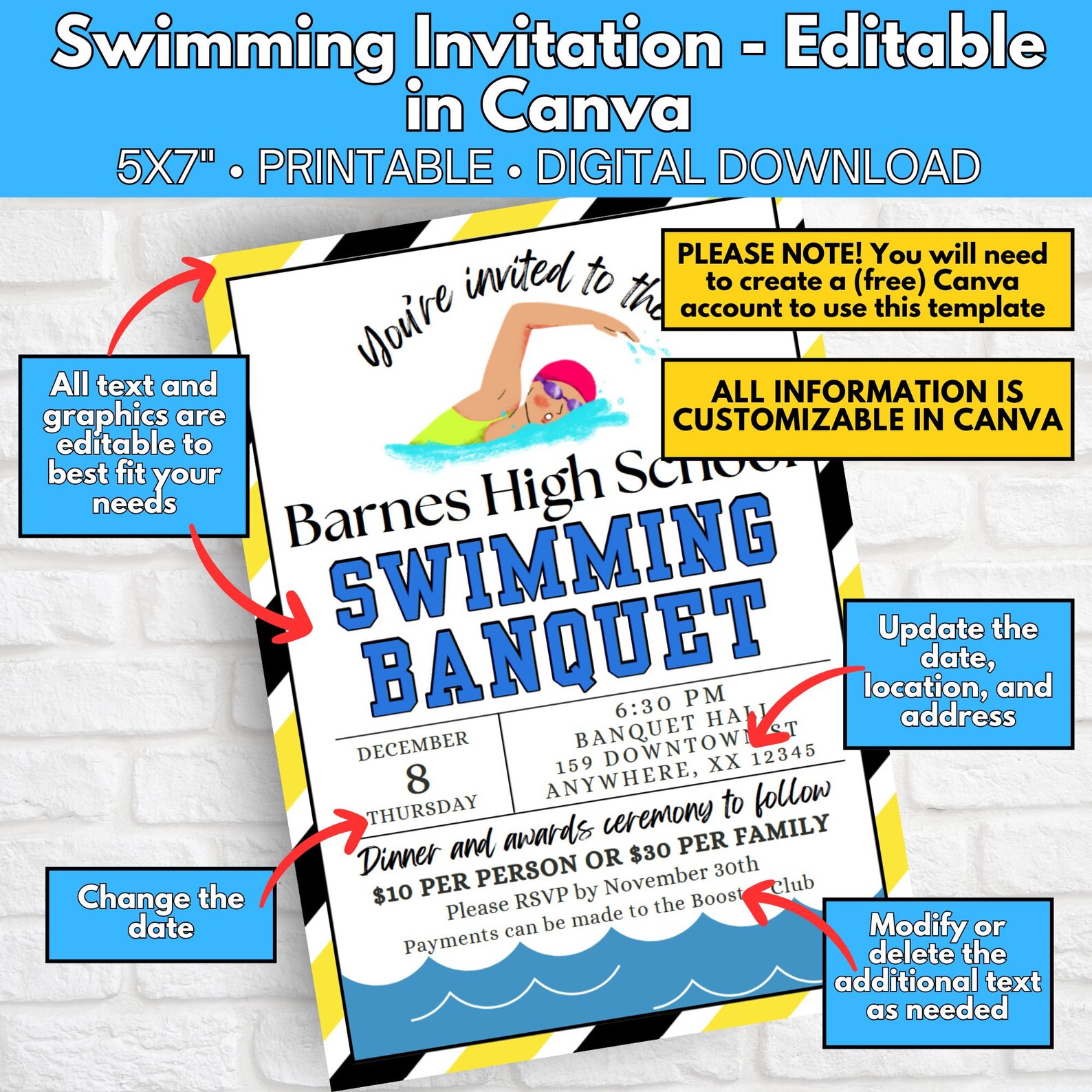 Printable Swim Team Banquet Invitation, Team Party, End of Season ...