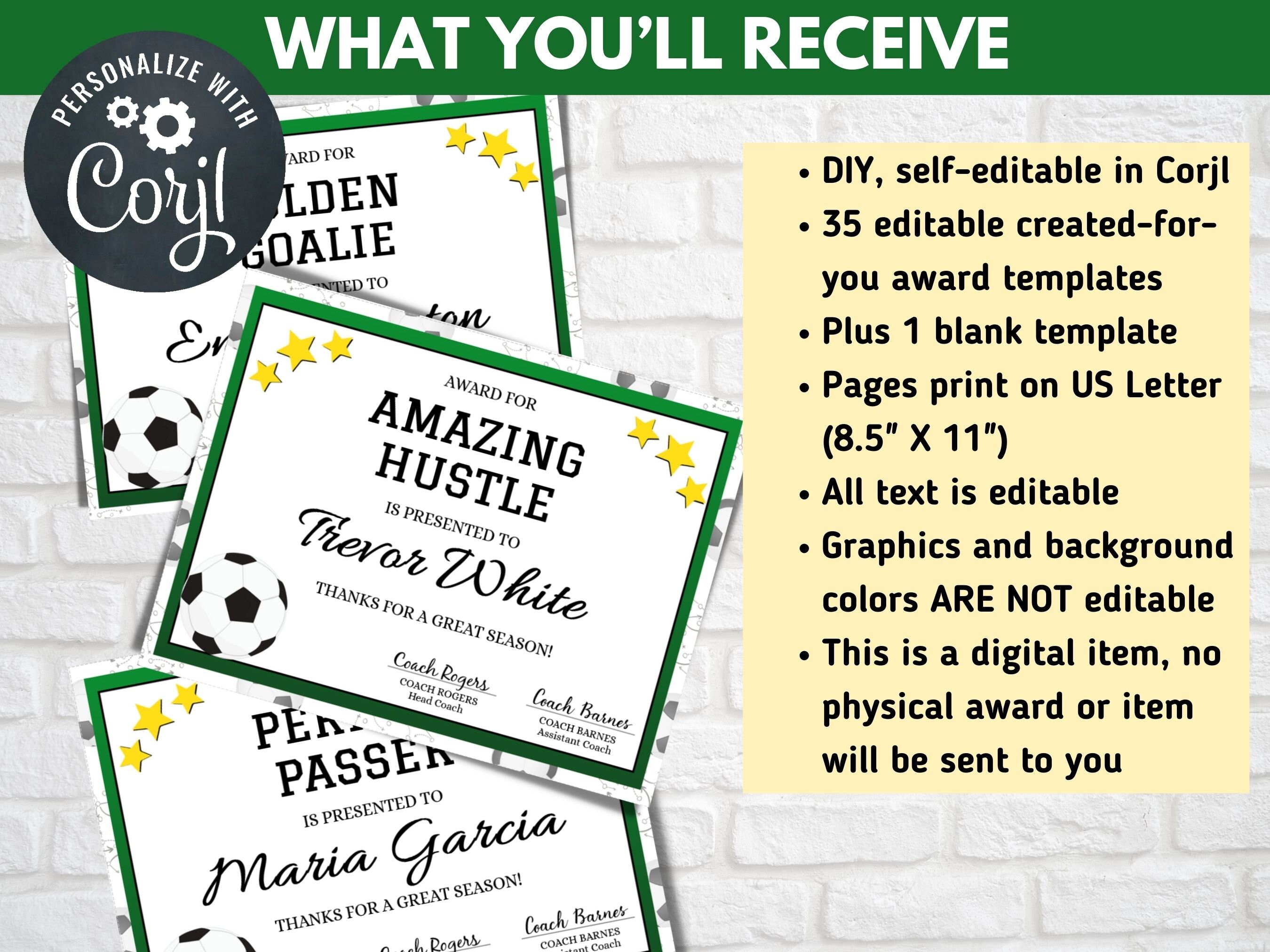 Editable Soccer Award Certificates, Award Ceremony Certificates, End of ...