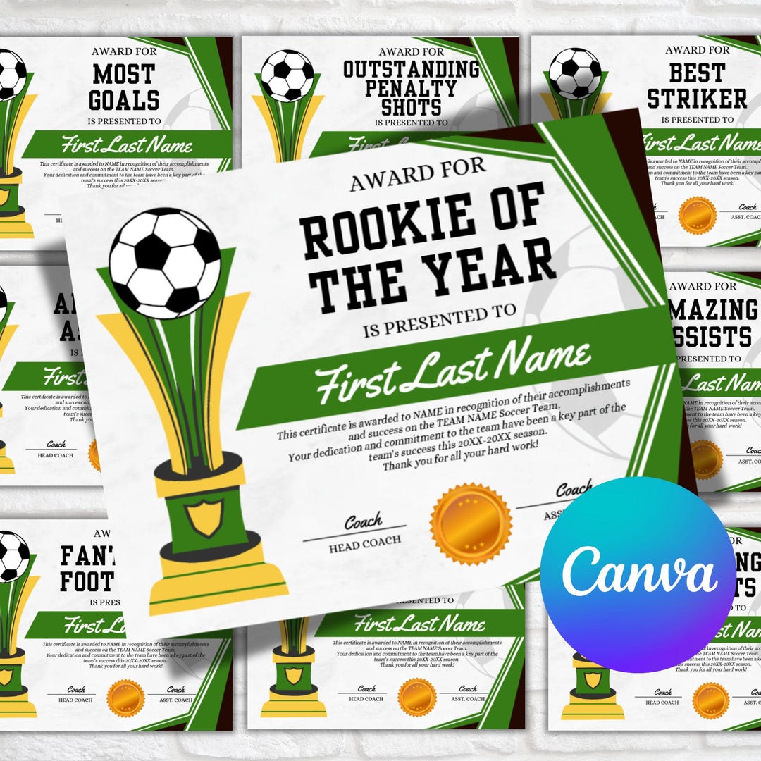 Editable Soccer Award Certificates, Canva Template, Certificate ...