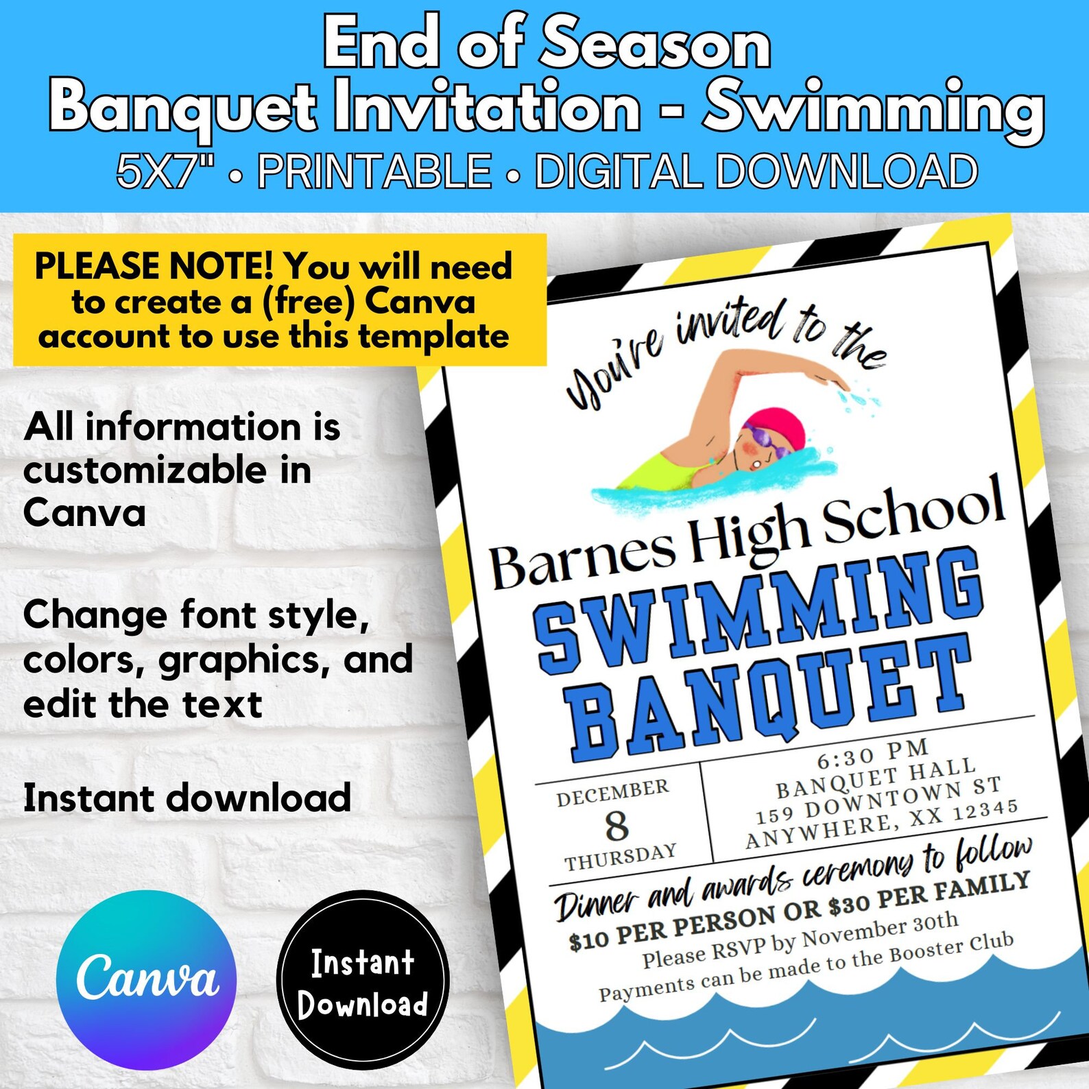 Printable Swim Team Banquet Invitation, Team Party, End of Season ...
