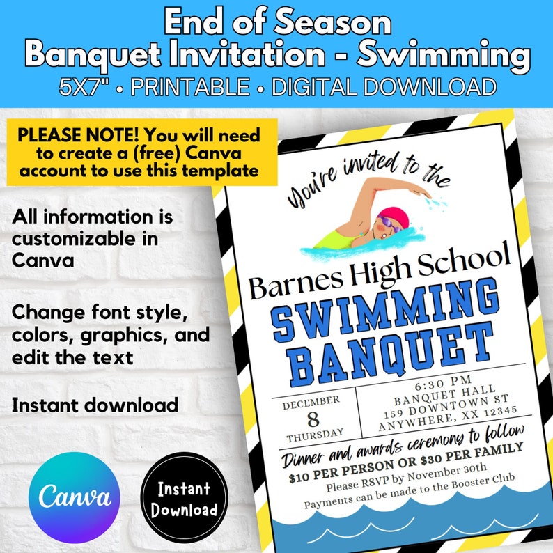 Printable Swim Team Banquet Invitation, Team Party, End of Season ...