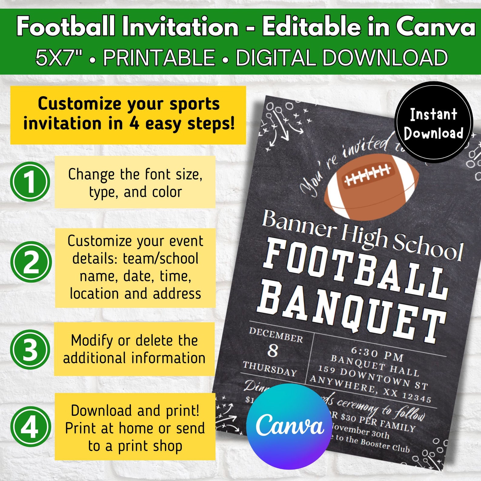 Printable Football Team Banquet Invitation, Team Party, End of Season, Football Players, Senior ...