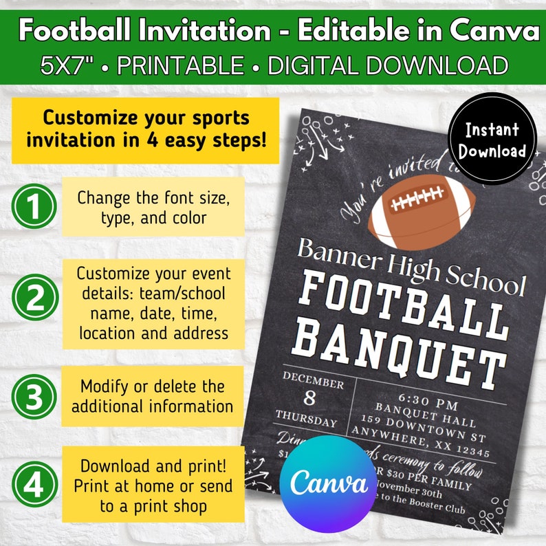 Printable Football Team Banquet Invitation, Team Party, End of Season ...