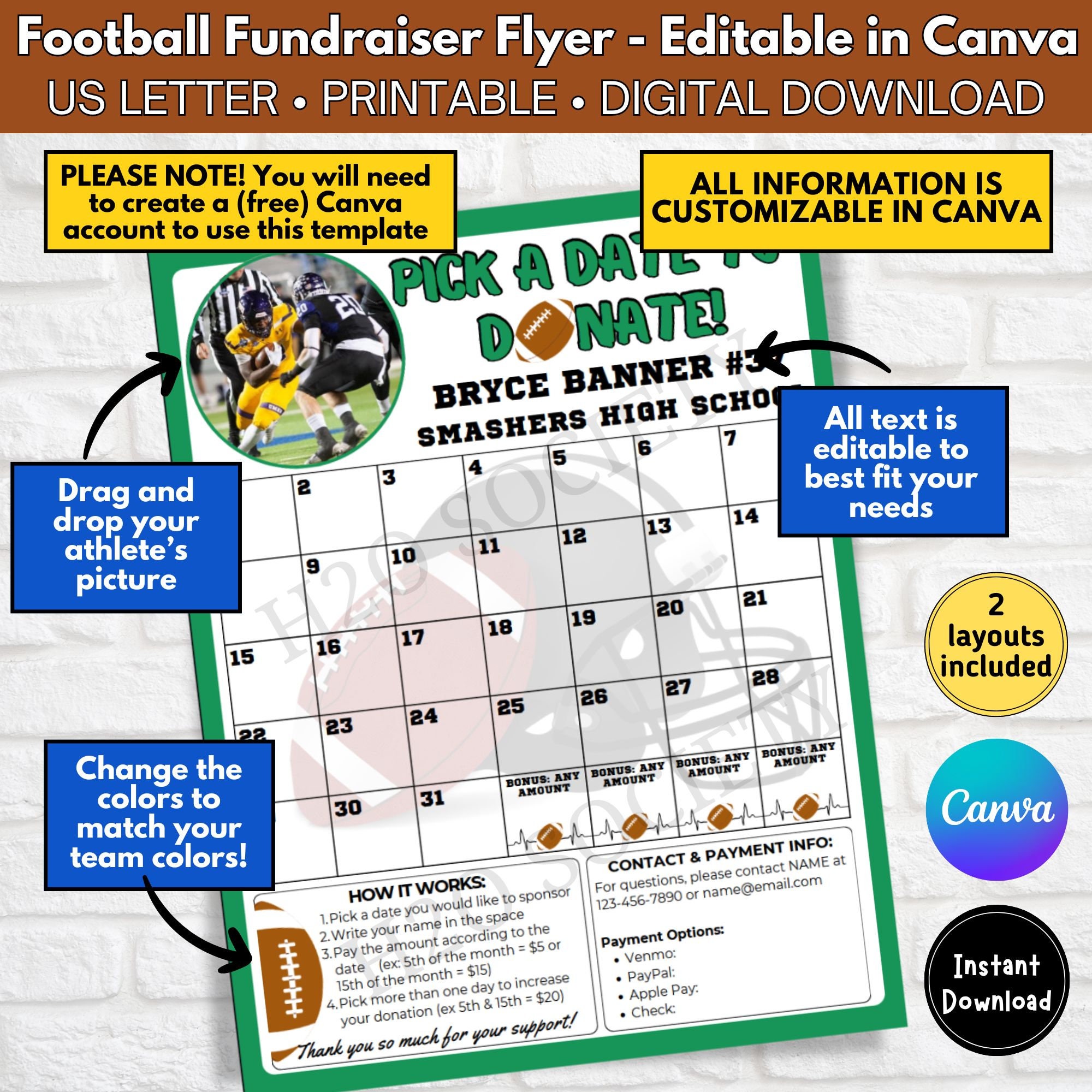 Editable Football Calendar Fundraiser Template, Pick a Date to Donate ...