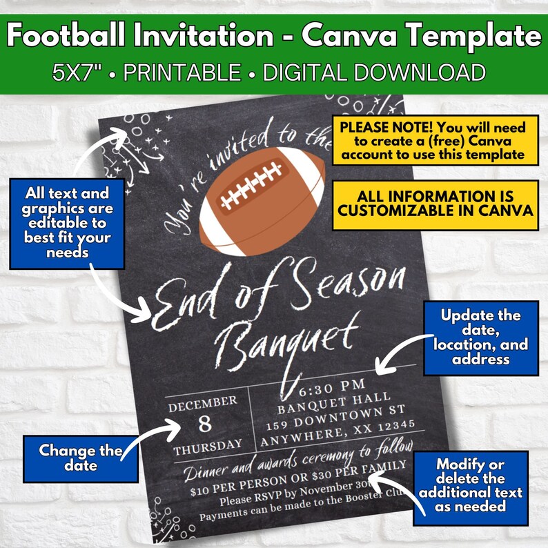 Printable Football Team Banquet Invitation, Team Party, End of Season ...