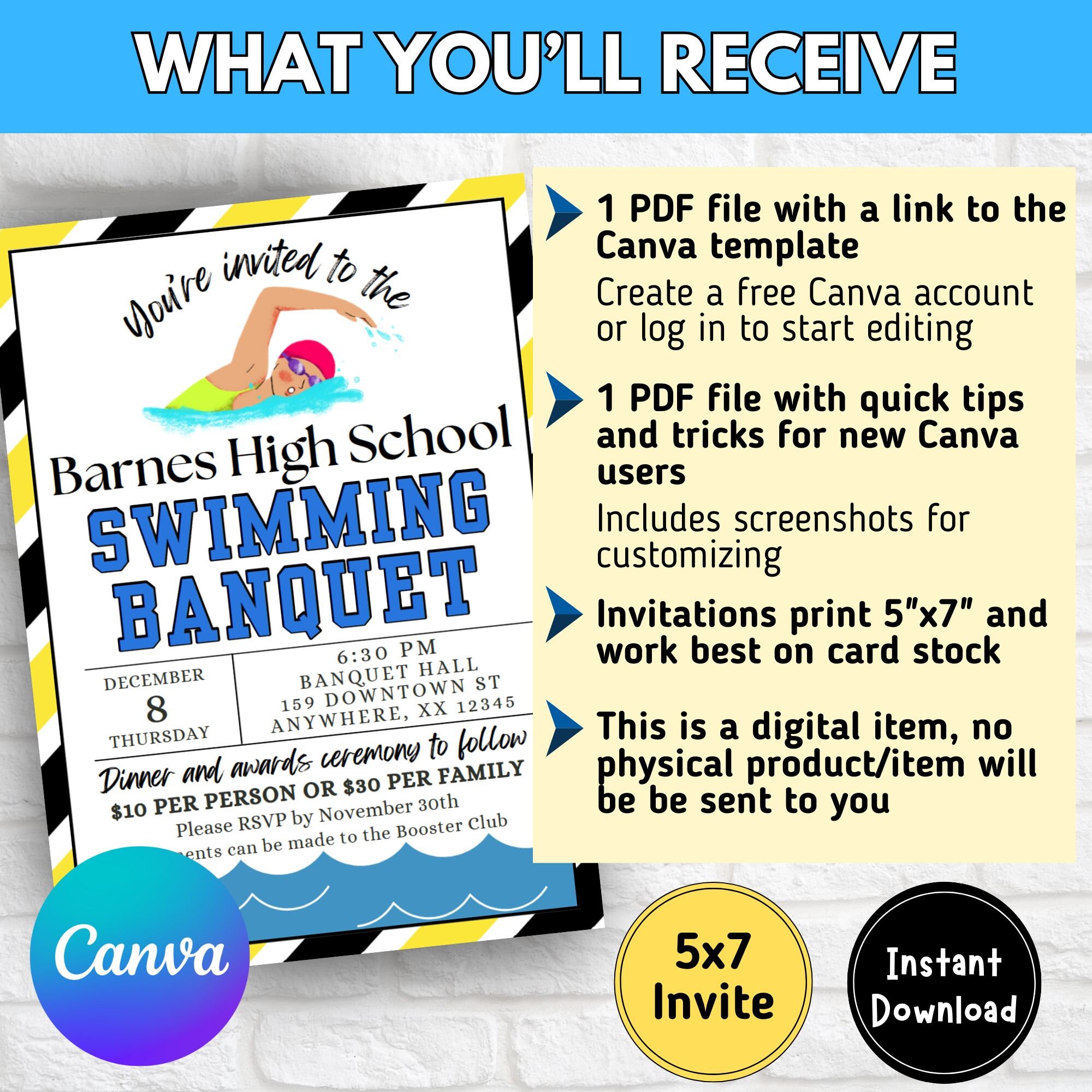 Printable Swim Team Banquet Invitation, Team Party, End of Season ...