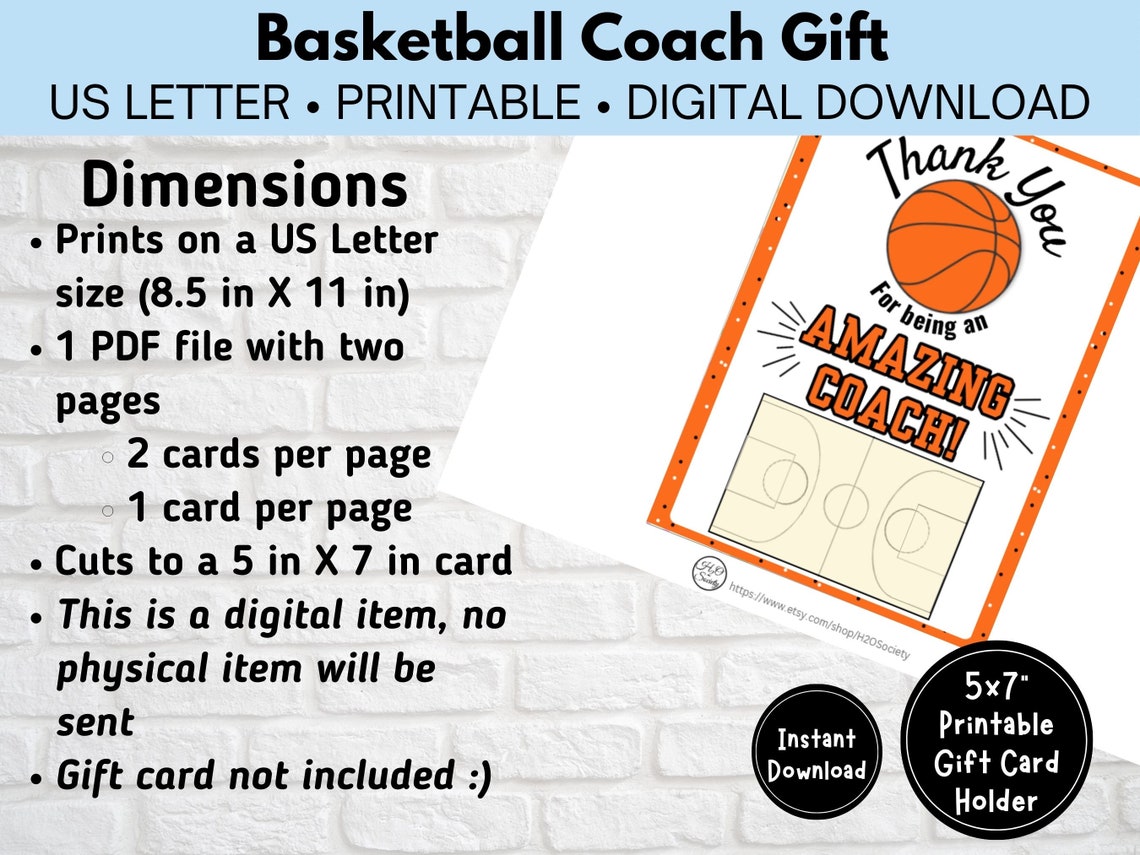 Basketball Coach Thank You Card, Gift Card Holder, Coach Appreciation ...