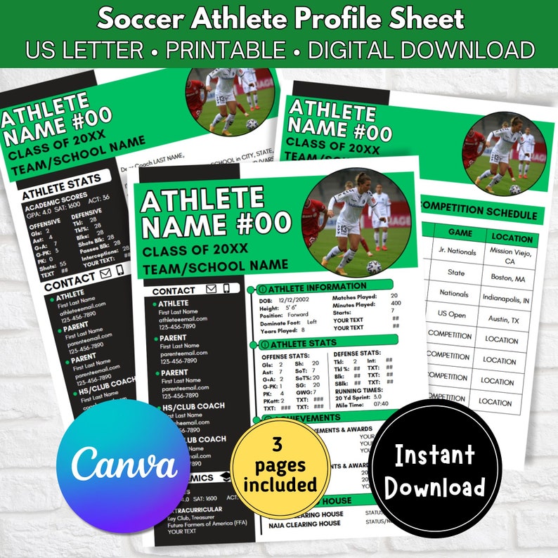 Soccer Athlete Profile Sheet, College Recruiting, Editable Canva ...