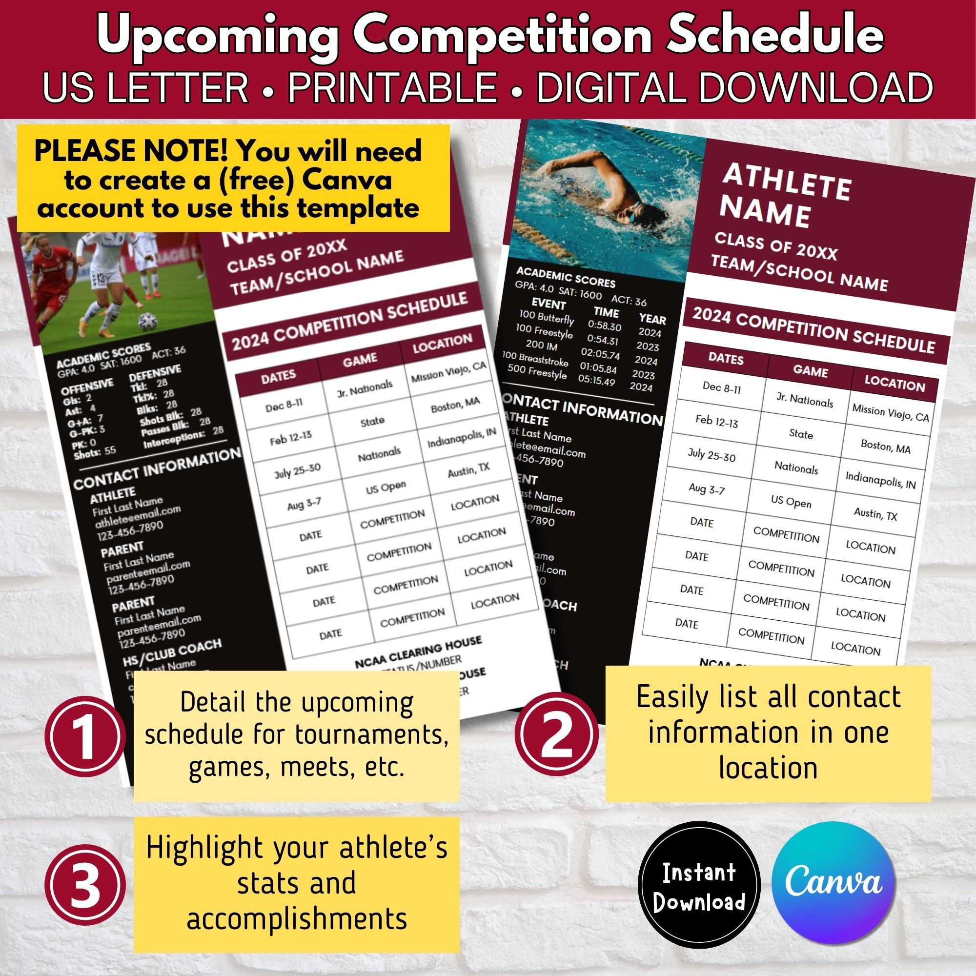 Athlete Profile Sheet, Athlete Digital Profile Card, College Recruiting ...