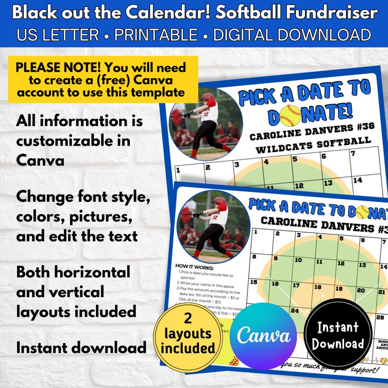 Editable Softball Calendar Fundraiser Template, Pick a Date to Donate ...