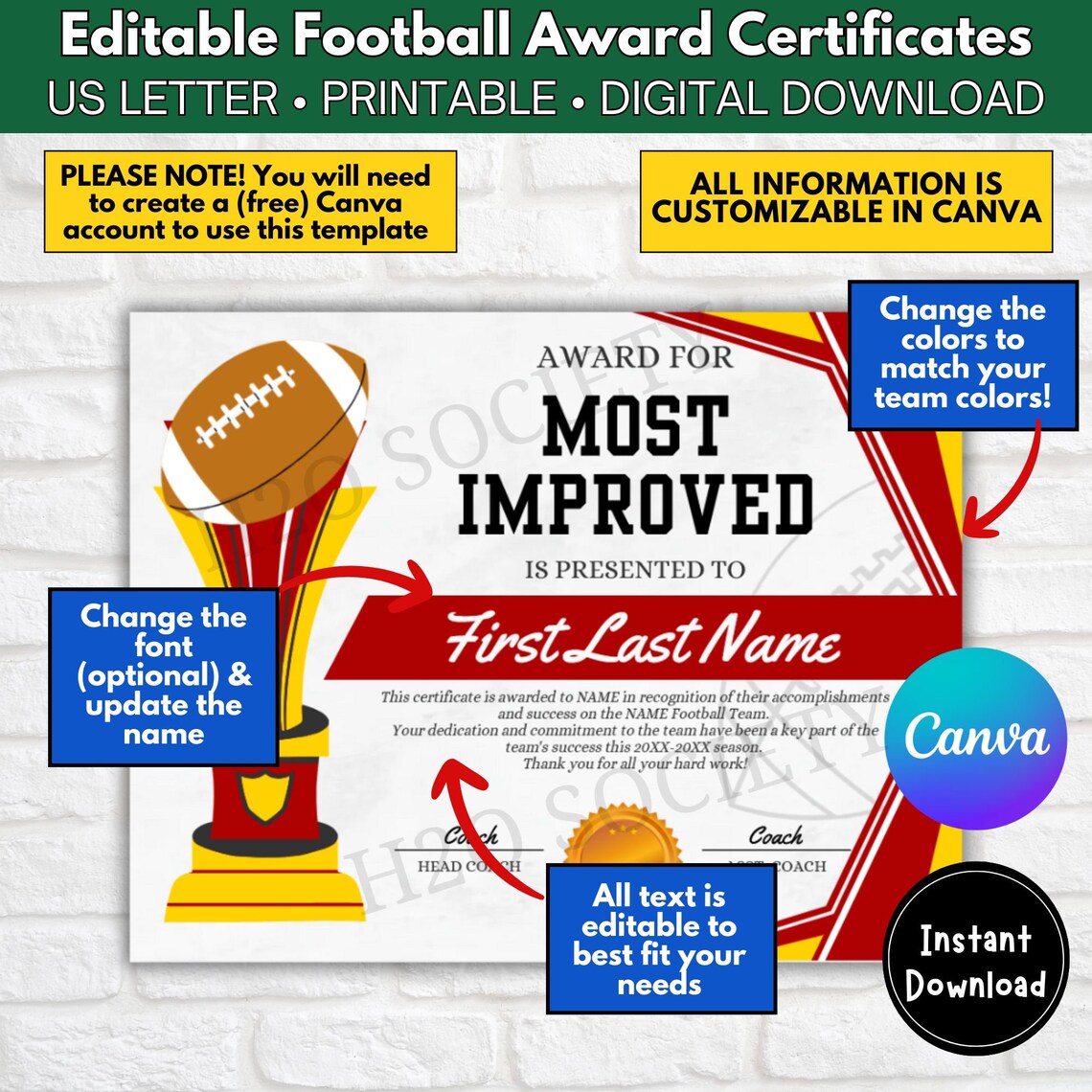 Editable Football Award Certificates, Canva Template, Certificate ...