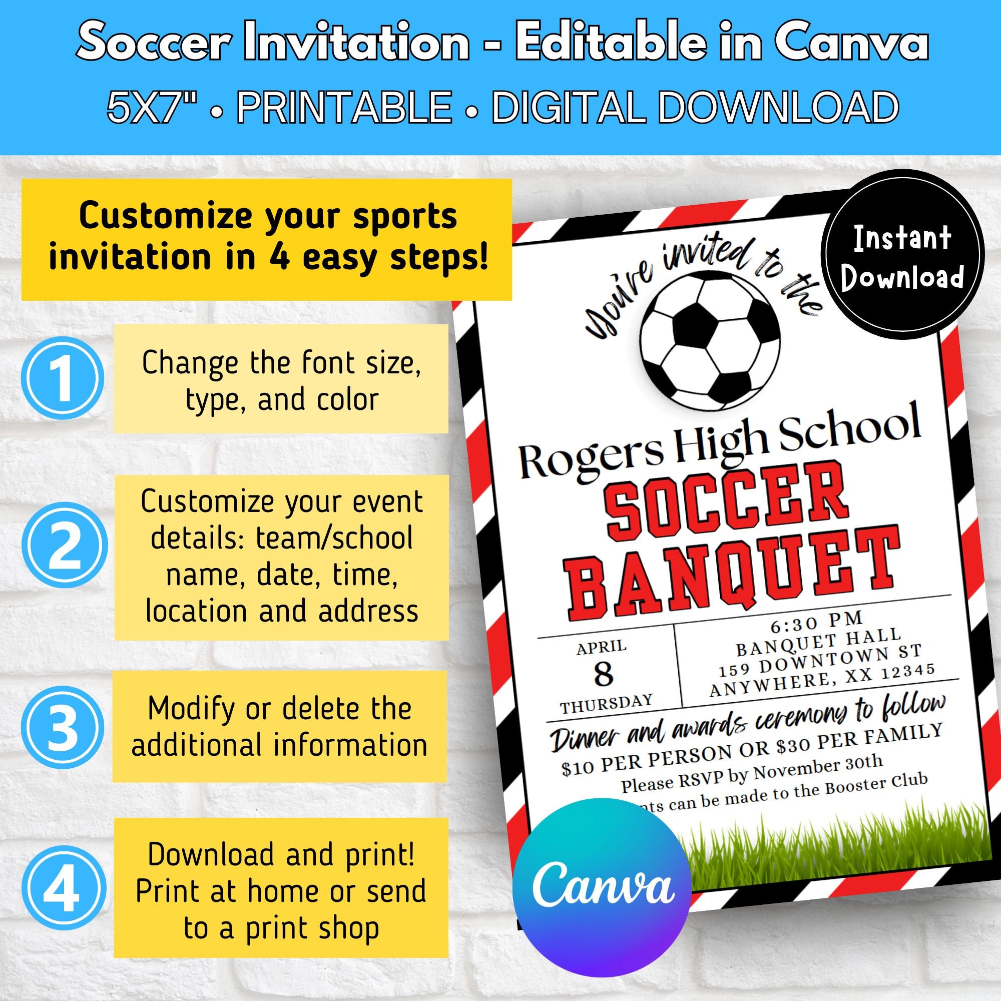 Editable Soccer Banquet Invitation Template, Team Party, End of Season ...